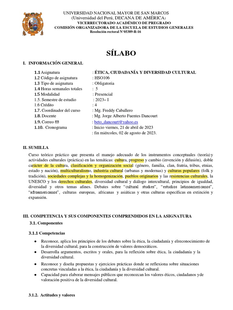 SILABO Ética Ciudadanía y Div Cultural - D° - 2023-1 | PDF ...