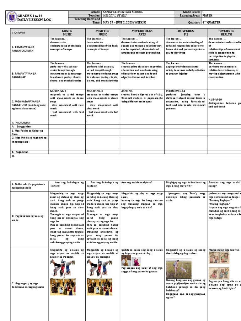 DLL - Mapeh 1 - q4 - w5 - For Merge | PDF | Learning | Cognition
