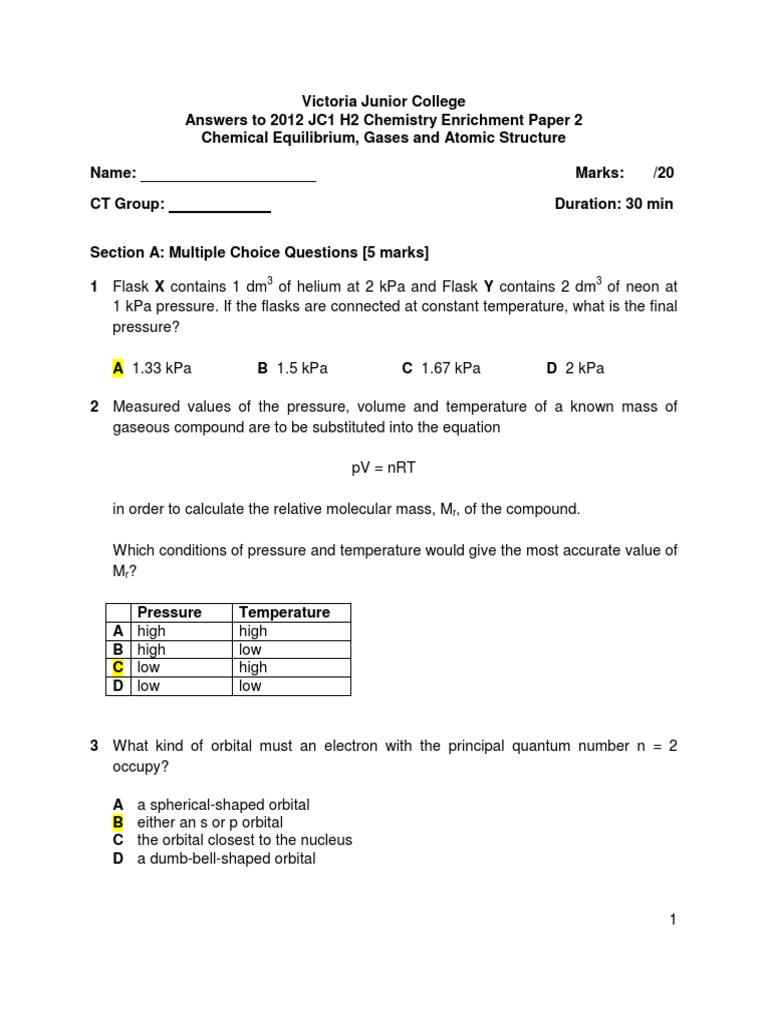 H2 Enrichment Paper 2 Chemical Eqm Gases and Atomic Structure (Ans) | PDF | Gases | Atomic Orbital