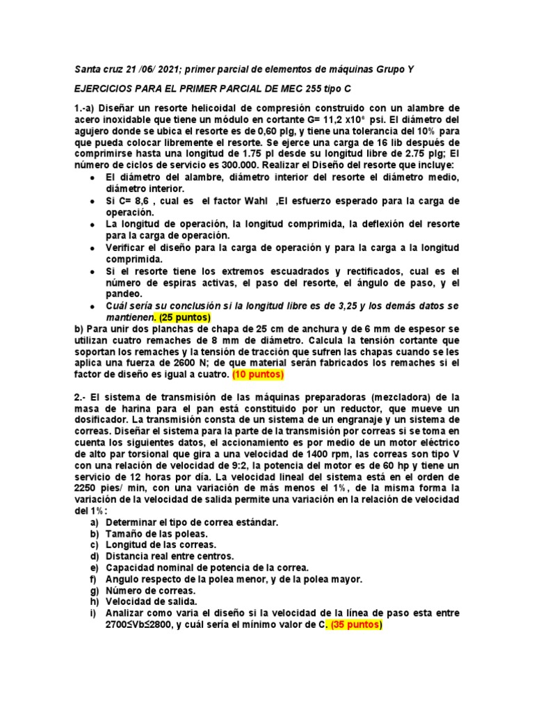 PRIMER PARCIAL MEC 255 Grupo Y TC | PDF | Ingeniería mecánica | Mecánica