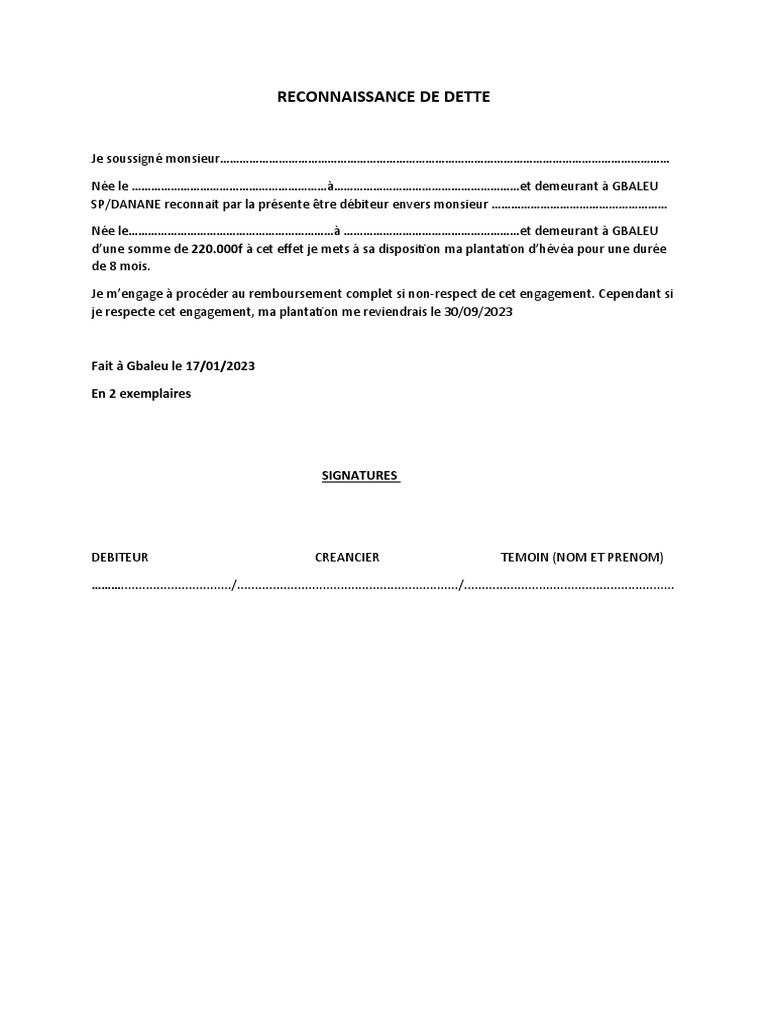 Reconnaissance de Dette | PDF