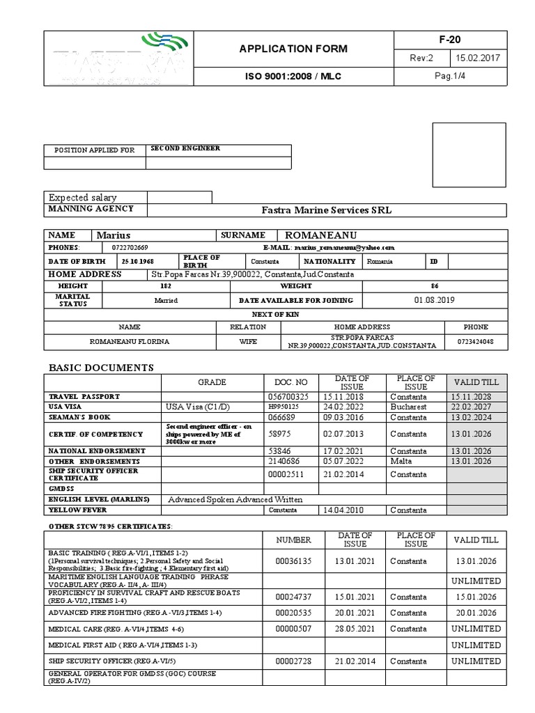 Fastra Marine Application Form | PDF | Water Transport | Ships