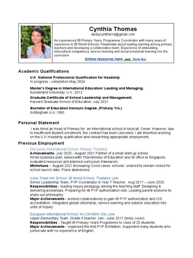 Cynthia Thomas CV June 2023 | PDF | Teachers | Academic Degree