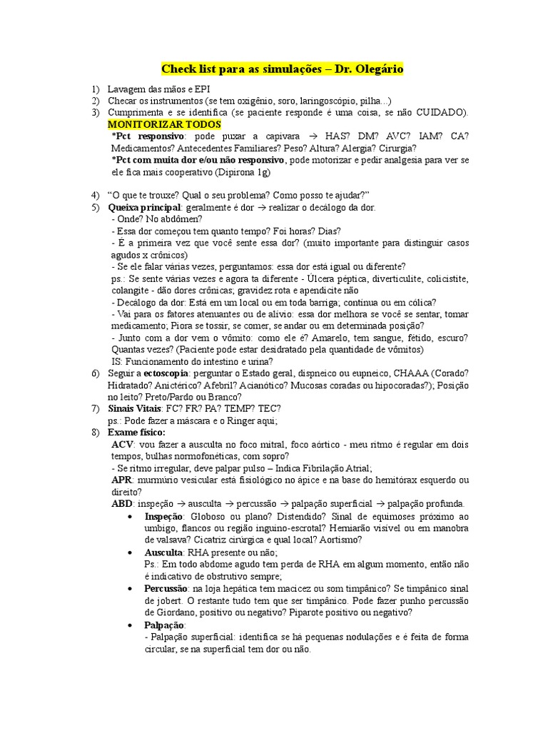 Checklist Completo para Simulações Médicas | PDF | Dor | Baço