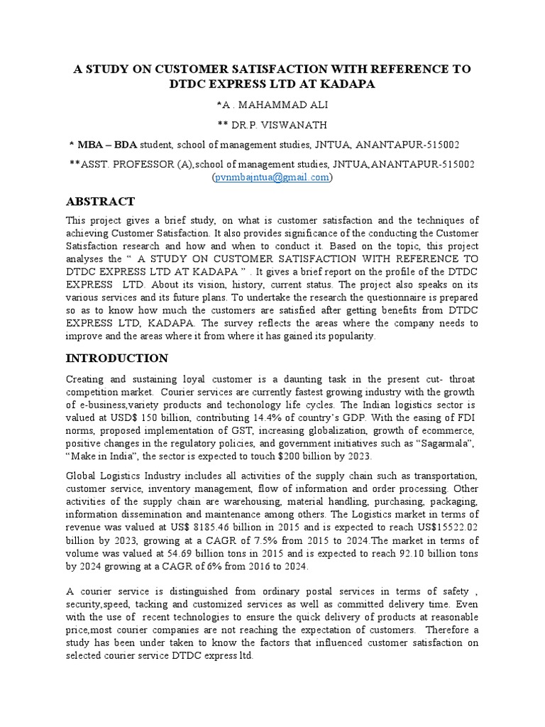 Kadapa DTDC Customer Satisfaction Study | PDF | Customer Satisfaction | Statistical Significance