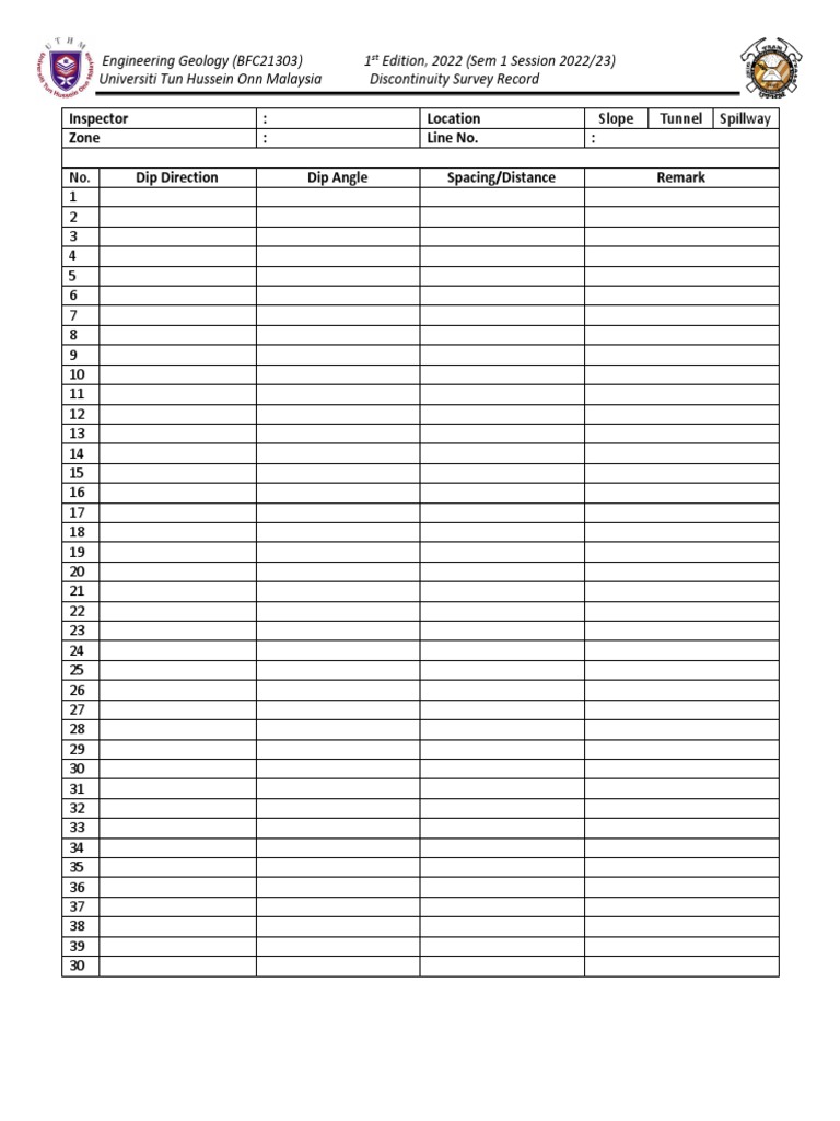 Discontinuity Data Survey Sheets | PDF
