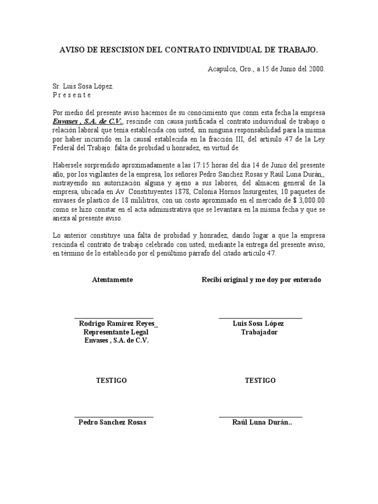 Modelo de Aviso de Rescision Del Contrato Individual de Trabajo | PDF