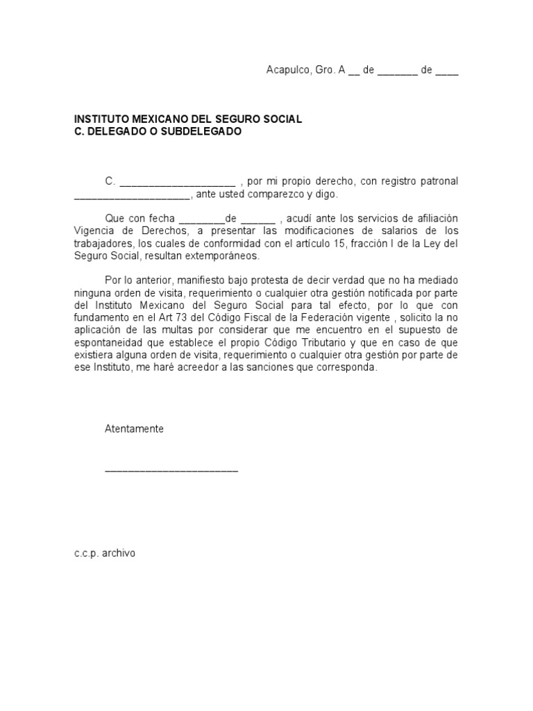 Modelo de Carta Al Imss Por Aviso Extemporaneo | PDF