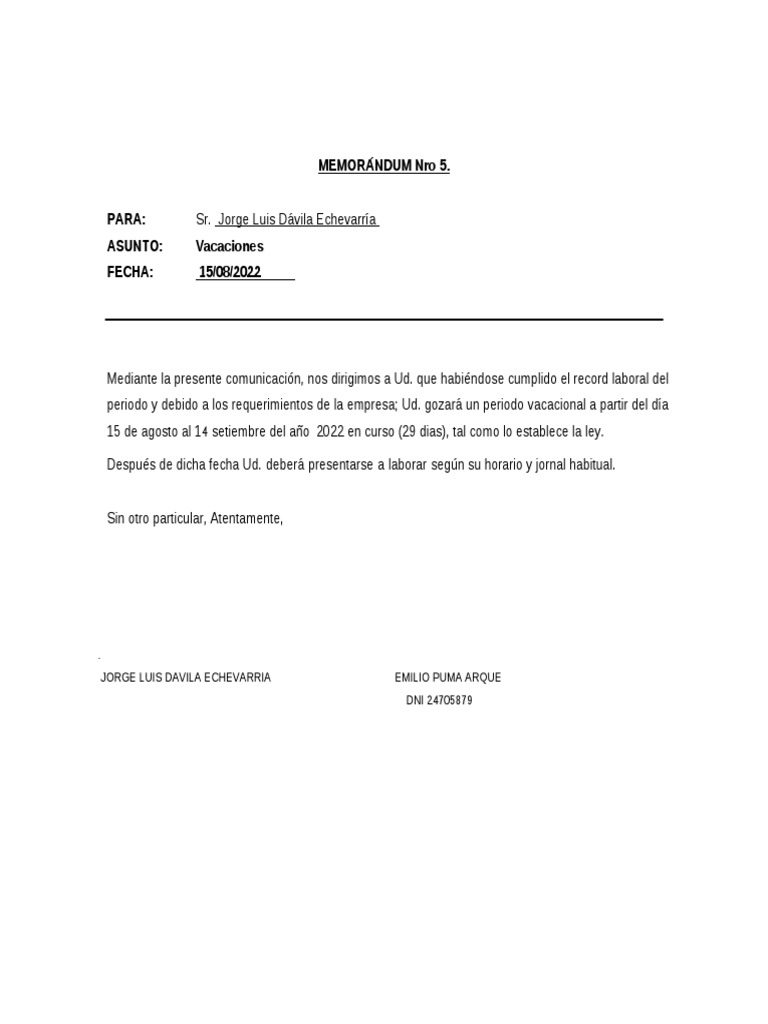 Modelo Memorandum Vacaciones | PDF