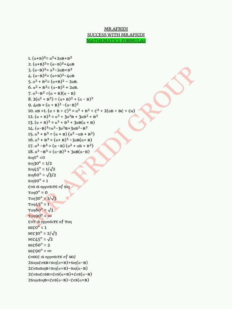 Mathematics Formulas (MR - Afridi) PDF | PDF
