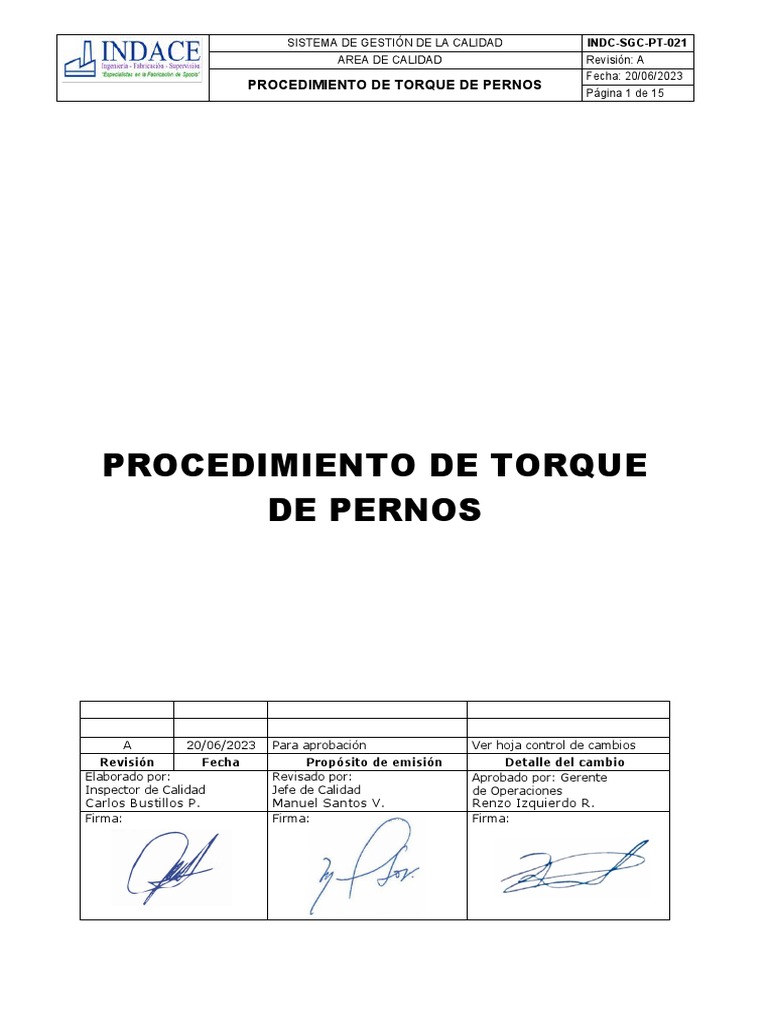 INDC-SGC-PT-021 Procedimiento de Torque de Pernos | PDF | Ingeniería mecánica