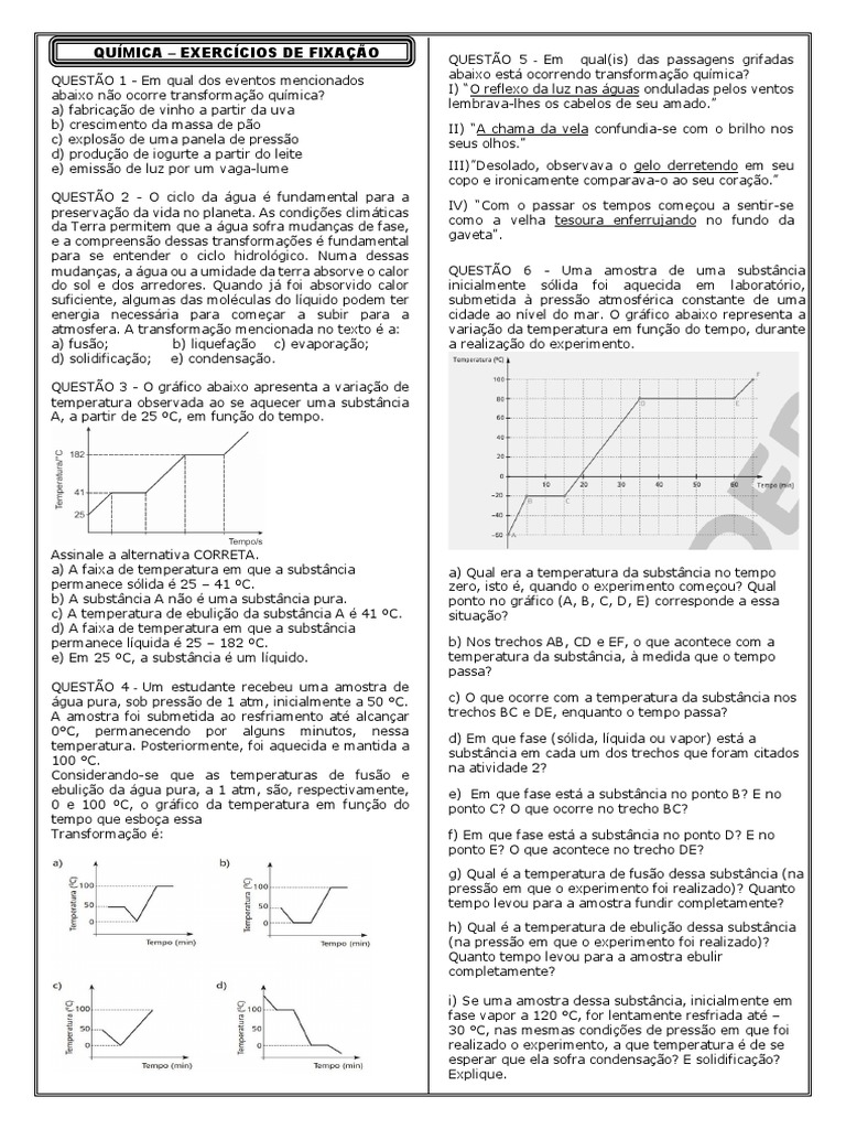 Exercicios de Fixação - Química-1 | PDF | Temperatura | Água Exercicios de Fixação - Química-1 | PDF | Temperatura | Água