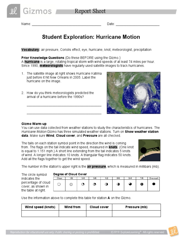 Report Sheet: Student Exploration: Hurricane Motion | PDF | Tropical ...