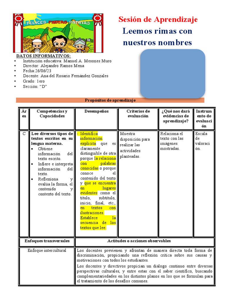 1° Sesión Día 1 Com Leemos Rimas Con Nuestros Nombres Unidad 5 Semana 1 ...