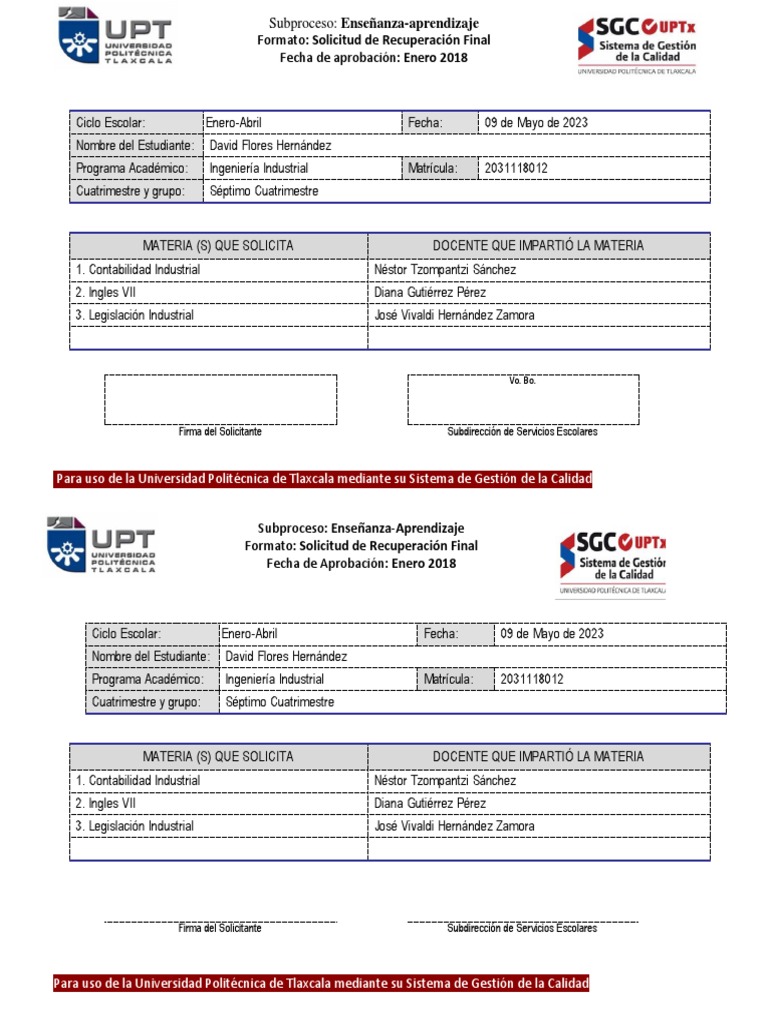 Solicitud Recuperación Final 2023 | PDF