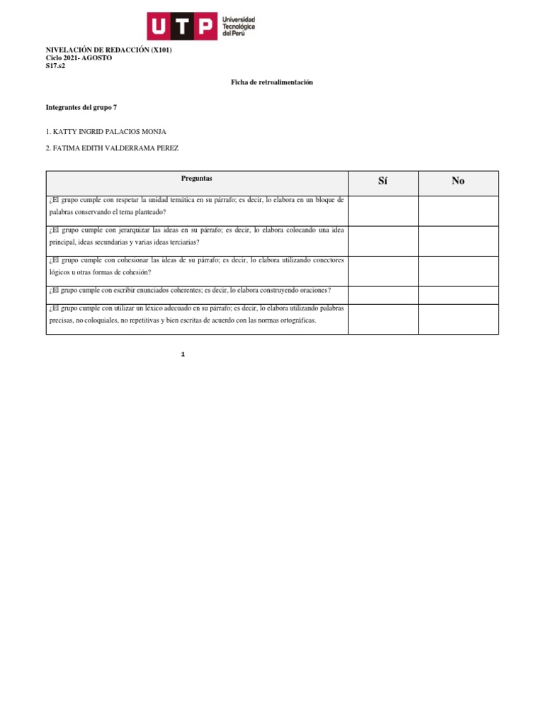 S17.s2 - FIicha de Retroalimentación de La Versión Preliminar Del EF | PDF