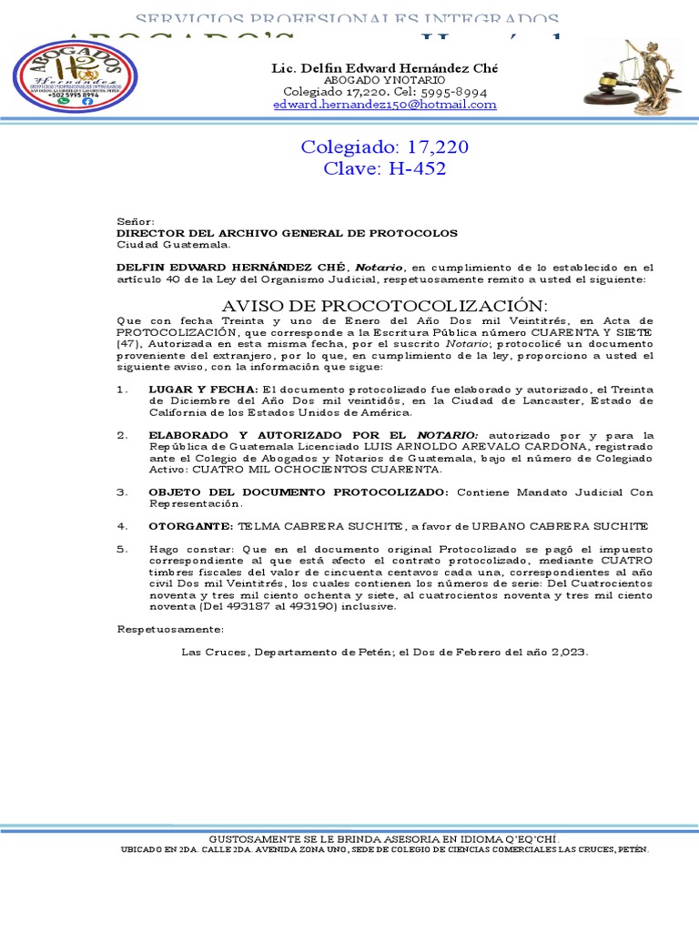 AVISO PROTOCOLIZACION DE DOCUMENTO Proveniente | PDF | Guatemala | Justicia