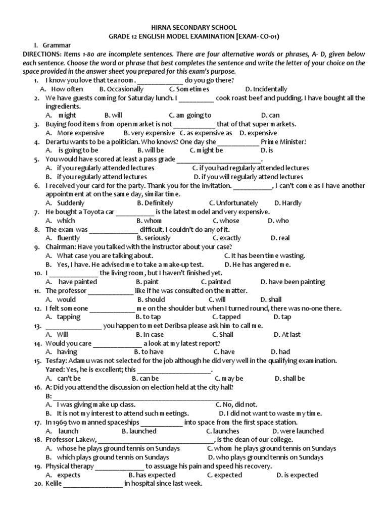 Grade 12 English Model Exam Guide | PDF | Smallpox | Vaccination