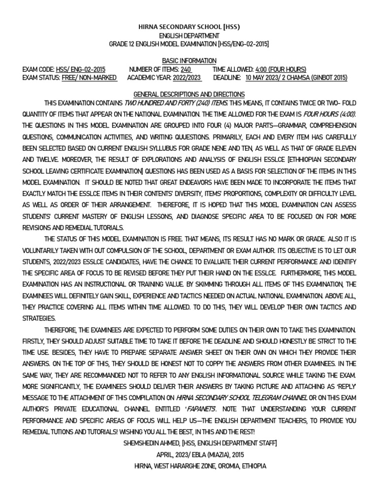 English Model Examination (Hhseng 022015) | PDF | Educational ...