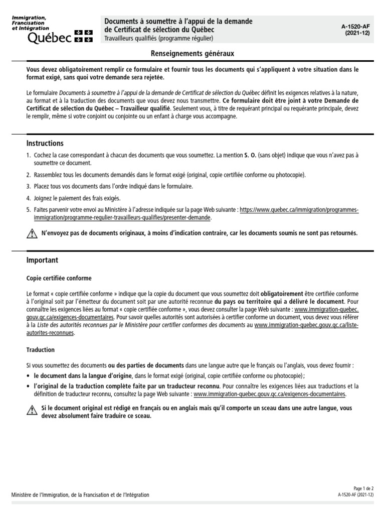 Documents requis pour le certificat Québec | PDF | Traductions ...