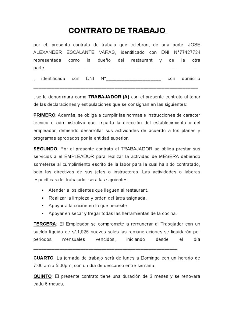 Contrato de Mesera | PDF