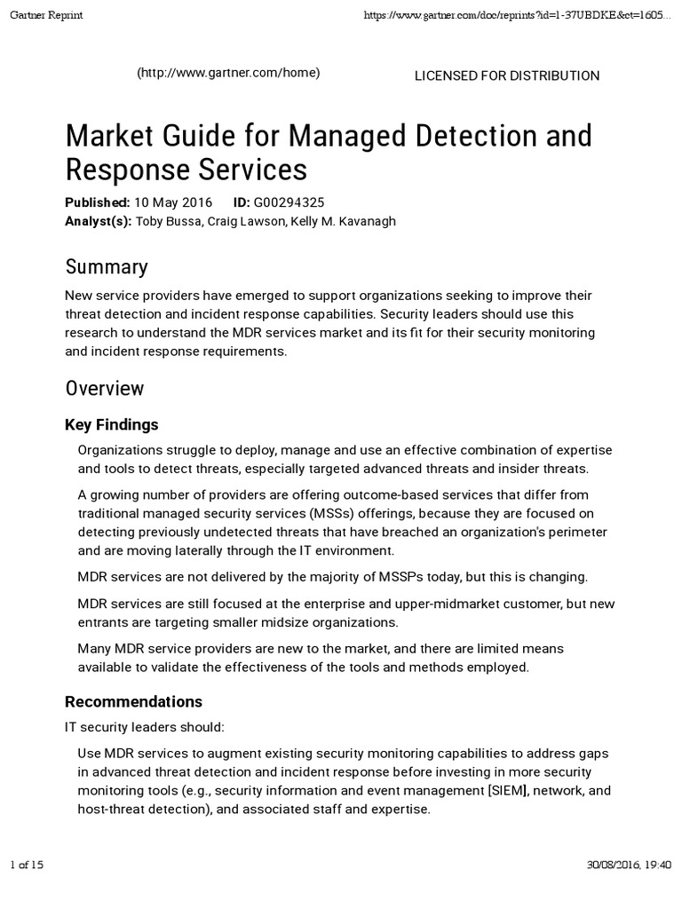 Gartner's MDR Market Guide 2016 | PDF | Security | Computer Security