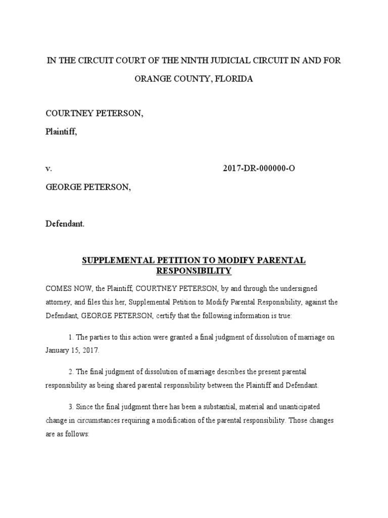 Supplemental Petition To Modify Parental Responsibility 1 | PDF ...