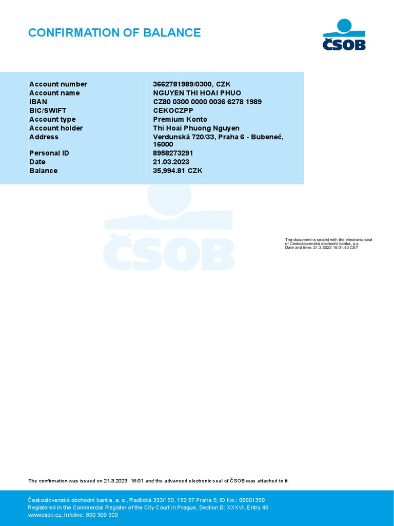 Csob Balance Confirmation 20230321 16 01 | PDF