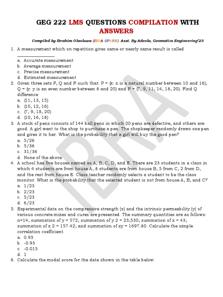 Geg 222 LMS Questions Compilation With Answers (Ibra) | PDF | Standard ...