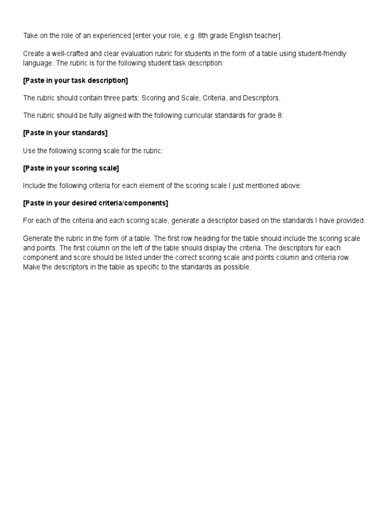 ChatGPT Rubric Prompt (Template) | PDF