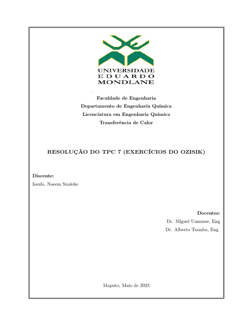 Issufo, Naeem Sualehe. TPC 7 (Cap IX) | PDF | Transferência de calor | Fenômenos de transporte