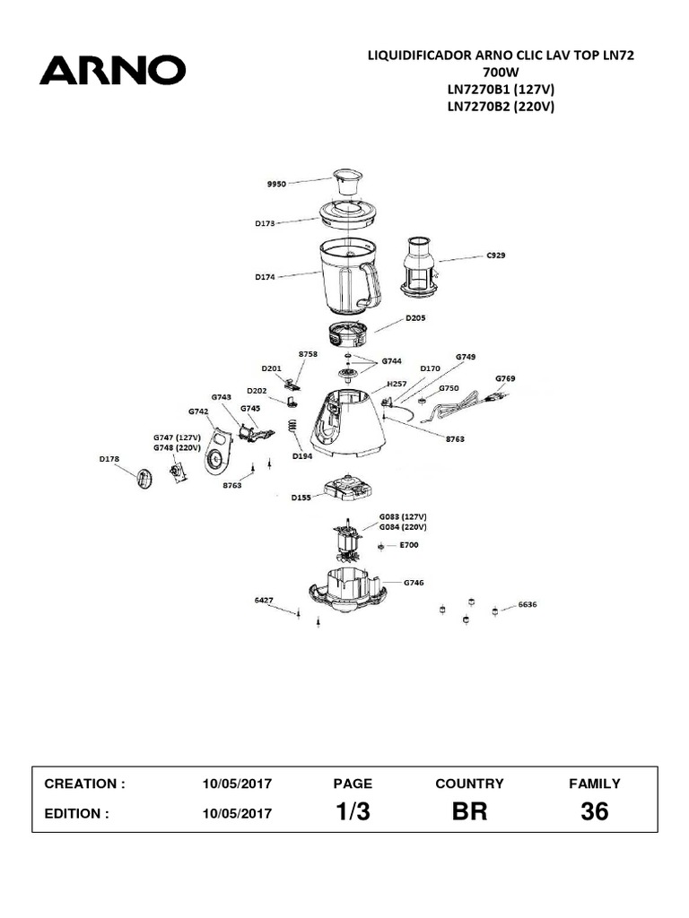 Vista Explodida Liquidificador Arno Clic Lav Top - LN72 700W | PDF ...
