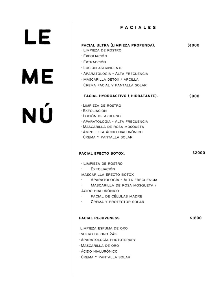 Menú de Tratamientos Faciales en México | PDF