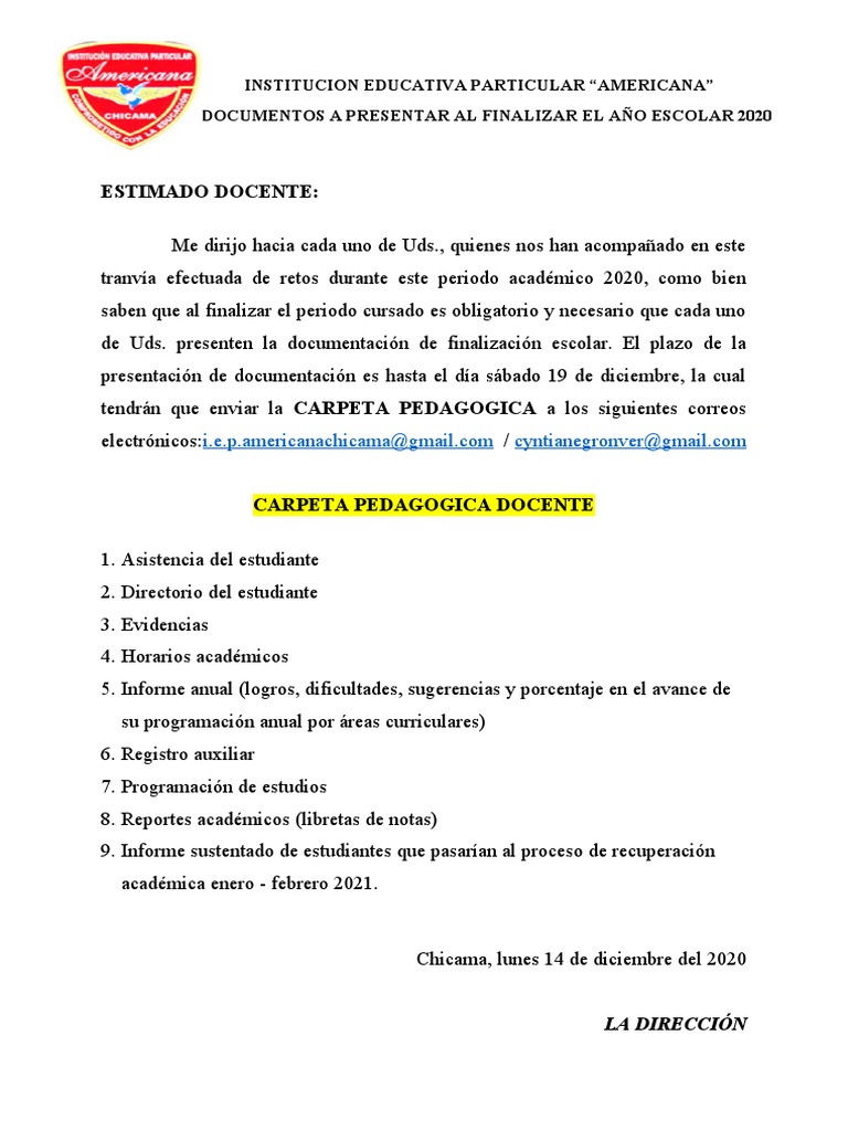 Documentos para Finalizar El Año Escolar 2020 | PDF