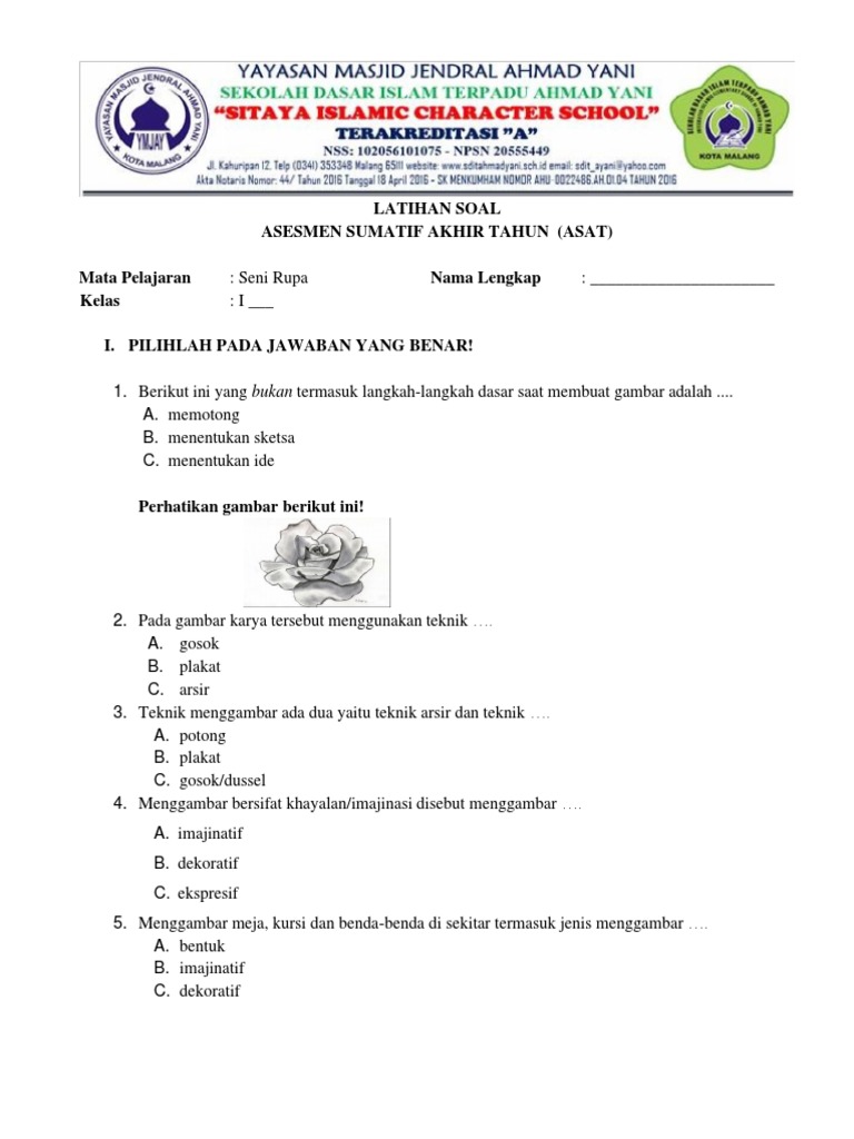 Latihan Soal Asat Seni Rupa Kelas 1 | PDF