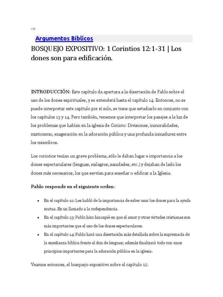 BOSQUEJO EXPOSITIVO 1 Corintios 12 1 31 Los Dones Son para Edificación | PDF | Primera epístola ...
