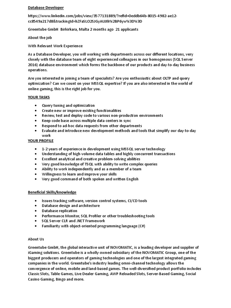 Database Developer (Birkirkara - Malta) | PDF | Microsoft Sql Server ...