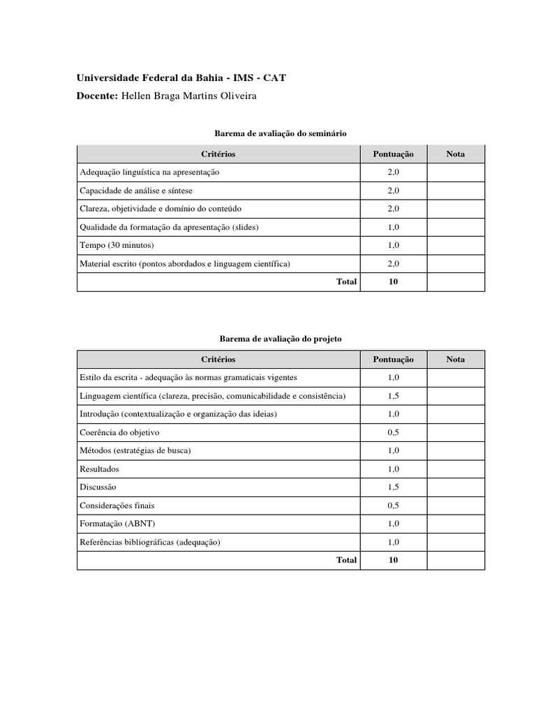 Barema de Avaliação | PDF