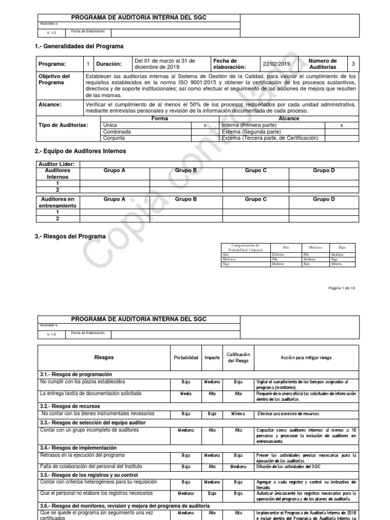 D. Ejemplo Programa Auditoría Interna (1) | PDF | Auditoría | Evaluación