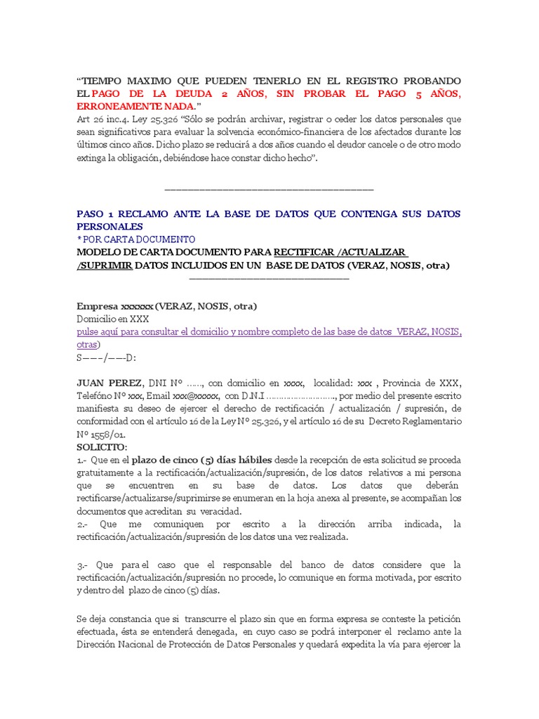 veraz.. escrito rectificacion supresión | PDF | Privacidad de la ...