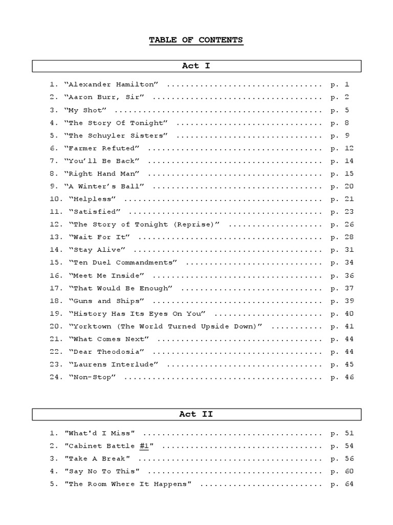 Table of Contents Hamilton | PDF | Hamilton (Musical) | Musical Theatre