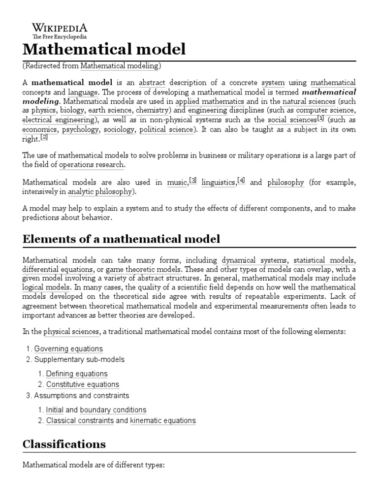 Mathematical Model - Wikipedia | PDF | Mathematical Model | Nonlinear ...