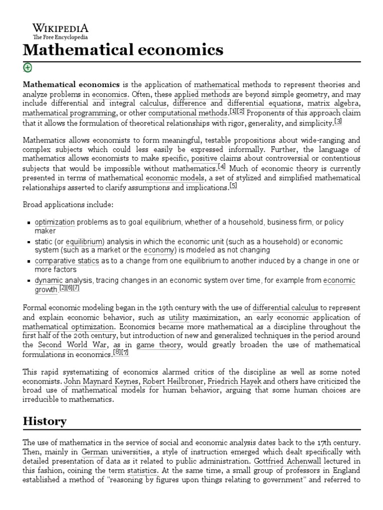 Mathematical Economics - Wikipedia | PDF | Mathematical Economics | Mathematical Optimization