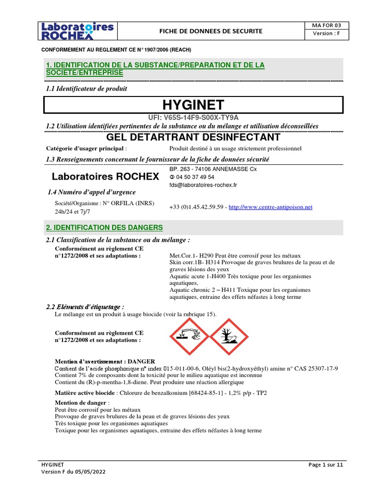 Hyginet: Gel Detartrant Desinfectant | PDF | Déchets | Sciences physiques