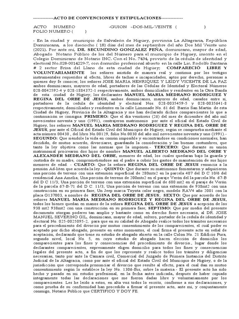 Acto de Convenciones y Estipulaciones | PDF | Divorcio | Justicia Acto de Convenciones y Estipulaciones | PDF | Divorcio | Justicia