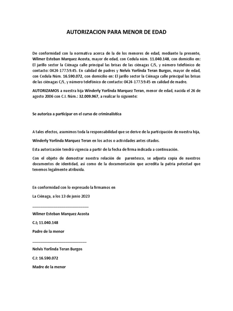 Autorizacion para Menor de Edad | PDF