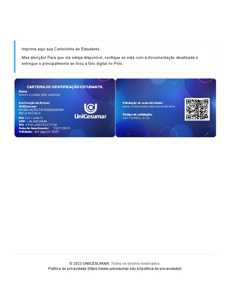Início > Carteirinha Online > Impressão | Studeo Unicesumar | PDF