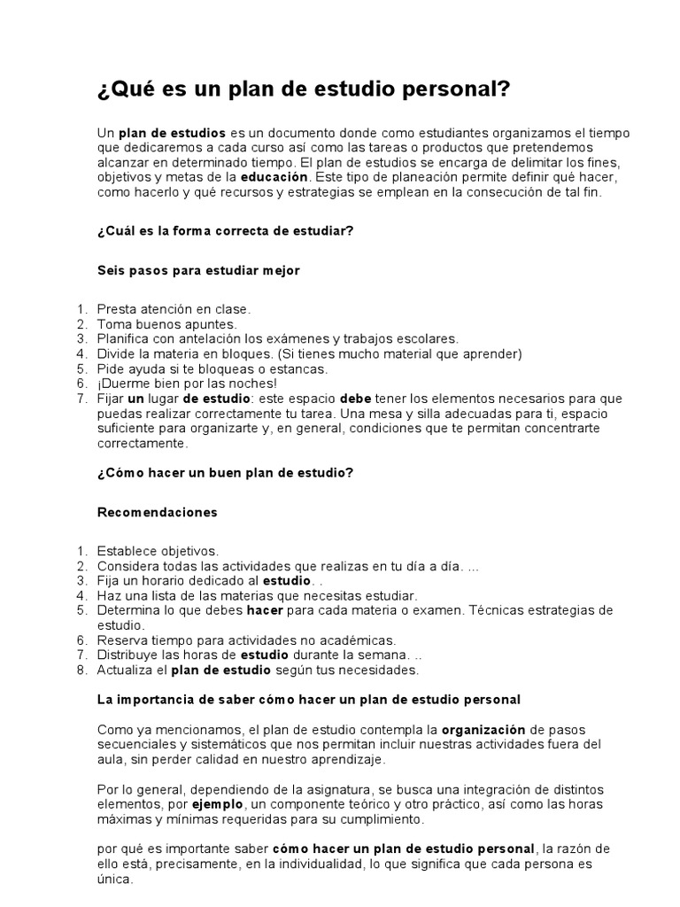 Qué Es Un Plan de Estudio Personal | PDF | Plan de estudios | Aprendizaje Qué Es Un Plan de Estudio Personal | PDF | Plan de estudios | Aprendizaje