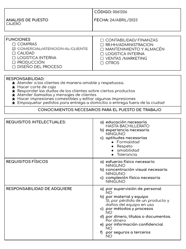 Cajero Analisis de Puesto Completo | PDF | Logística | Informática