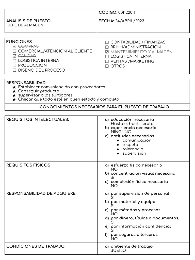 Jefe de Almacen) ANALISIS DE PUESTO | PDF | Logística | Negocios económicos